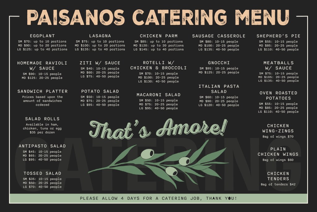 Catering Menu – Paisanos Pizza and Spirits